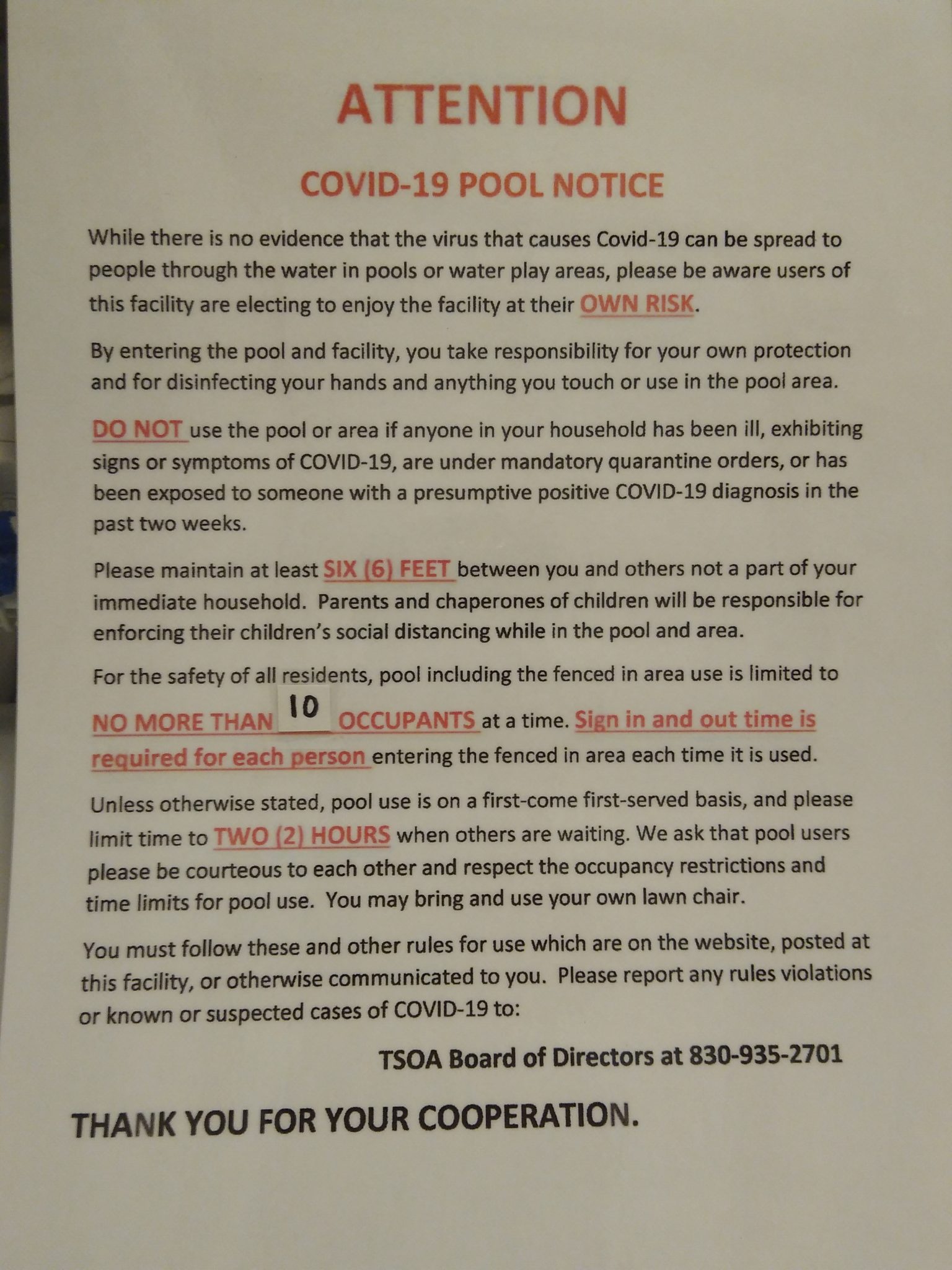 COVID-19 Pool Notice – Tanglewood Shores Owners Association