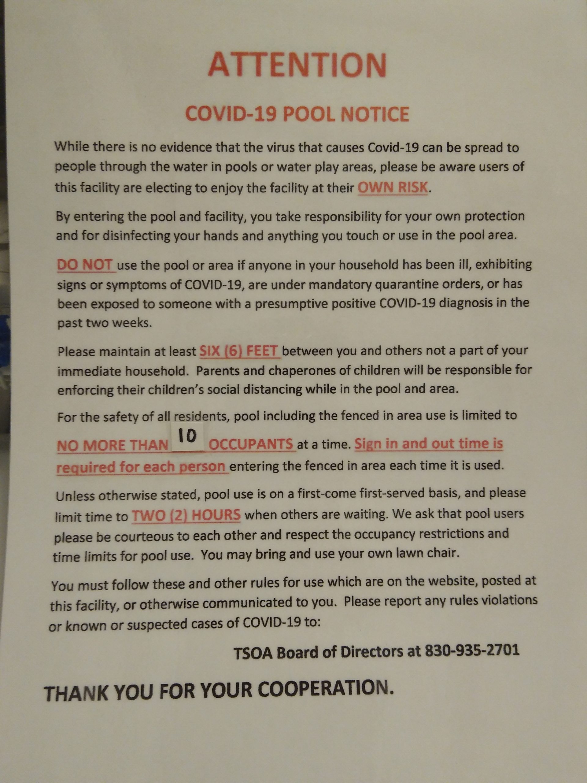 COVID-19 Pool Notice – Tanglewood Shores Owners Association